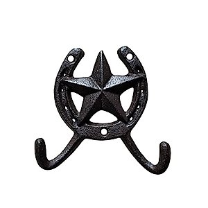 Atpxdk 2PCS Cast Iron Horseshoe Wall Decor, Vintage Star Cast Iron Rustic Metal Horseshoes Wall Hooks for Hat and Key Hook Rack Hanger
