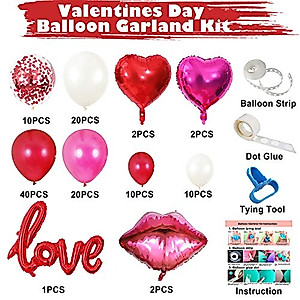 Valentines Day Balloon Garland Kit, 117PCS Red Hot Pink White Balloons with Heart Lips LOVE Foil Balloons for Valentines Day Proposal Engagement Wedding Party Decoration
