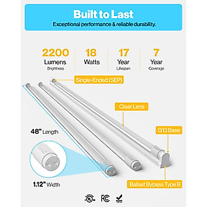 Sunco 100 Pack T8 LED Bulbs 4 Foot, LED Fluorescent Tube Replacement, 4ft LED Tube Light, Ballast Bypass, 18W, 2200 LM, 6000K Daylight Deluxe, Single Ended Power, Clear Lens, UL