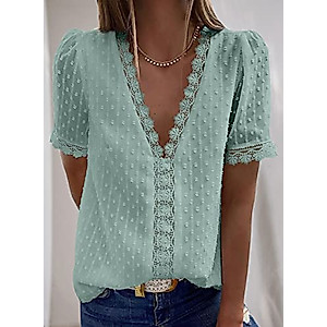 Dokotoo Women's Summer Lace V-Neck Flowy Short Sleeve Casual Loose Tunic Top - Light Green, L