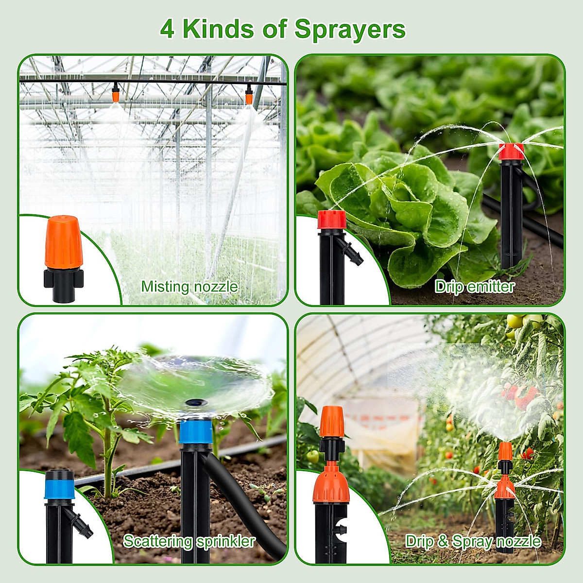 240FT Drip Irrigation System Kit, Yomile Automatic Garden Watering Misting System with 1/2 inch Hose 1/4 inch Distribution Tubing Drip Emitters Drip Spray 2 in 1 Nozzle for Greenhouse, Yard, Lawn