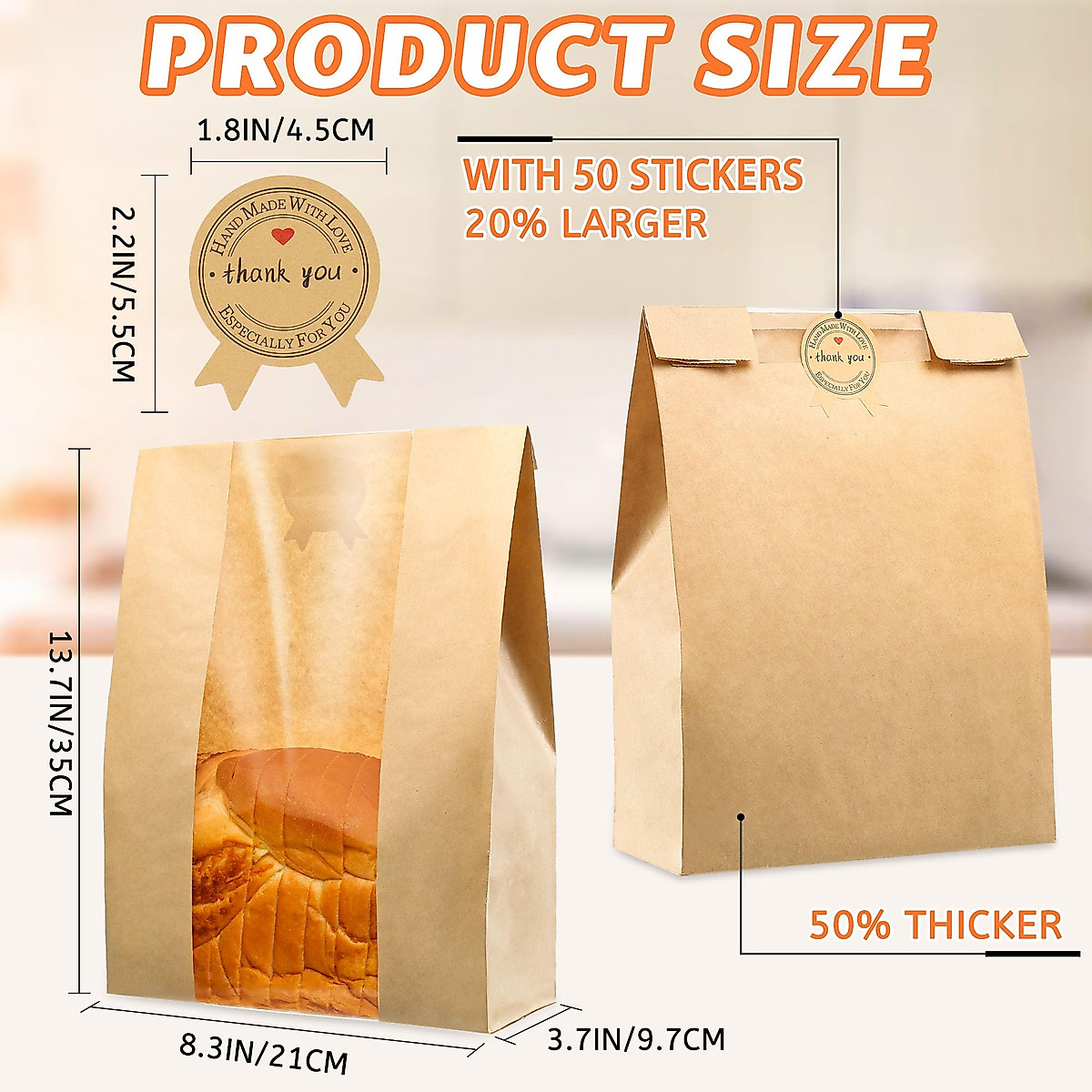 25 Pcs Bread Bags for Homemade Bread, Sourdough Paper Bread Bags With Window, 50% Thicker 13.7x8.2x3.7in A Large Bakery Bags Used for Storage Bread Cookies & Snacks, 30 Cute Sealing Stickers with Ties