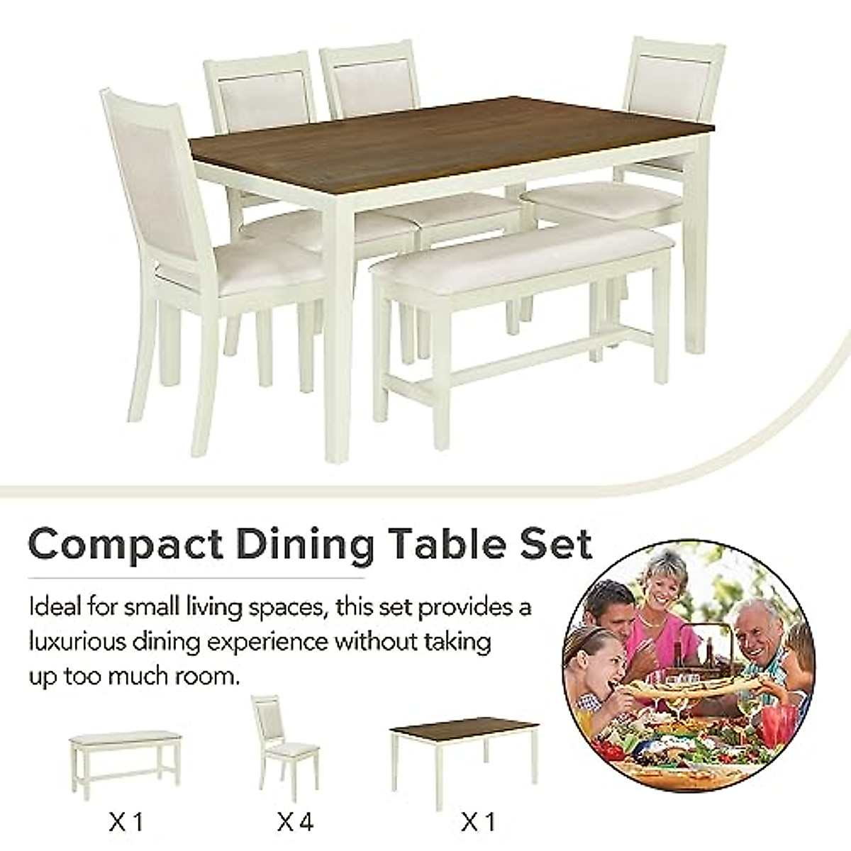LUMISOL Rustic Solid Wood Dining Room Table Set for 6 Persons Farmhouse 6 Piece Kitchen Dining Table Set with 4 Chairs and 1 Bench Rectangular Dining Set for Living Room