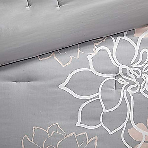 Madison Park Lola Sateen Cotton Comforter Set-Casual Medallion Floral Design All Season Down Alternative Bedding, Shams, Bedskirt, Decorative Pillows, Queen, Grey/Blush 7 Piece