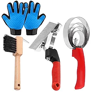 Swpeet 5Pcs Reversible Stainless Steel 4 Rings Curry Comb and Horse Hoof Pick Brush with Scotch Type Curry Comb Grooming Rake Kit, Grooming Gloves Soft Touch Grip Horse Brush Scraper for Horse