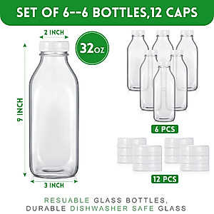 Peryiter 6 Pcs Glass Milk Bottle with Lid Reusable Clear Milk Jar with Lids for Fridge Glass Milk Container for Refrigerator Milk Glass Bottles with 12 Plastic Cap for Juice Honey Maple Syrup (32 oz)