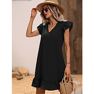 SOLY HUX Summer Dresses for Women V Neck Cap Sleeve Ruffle Hem Smock Short Dress Solid Black M