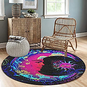 Psychedelic Sun and Moon Neon Art Round Area Rug for Bedroom, Living Room, Home, Hotel, Memory Foam Floor Pad Rugs Entryway Rug, Anti Slip Fast Dry Woman Yoga Mat (24 inch Diameter)