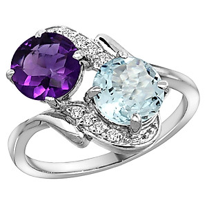 14k White Gold Diamond Natural Amethyst & Aquamarine Mother's Ring Round 7mm, size 8