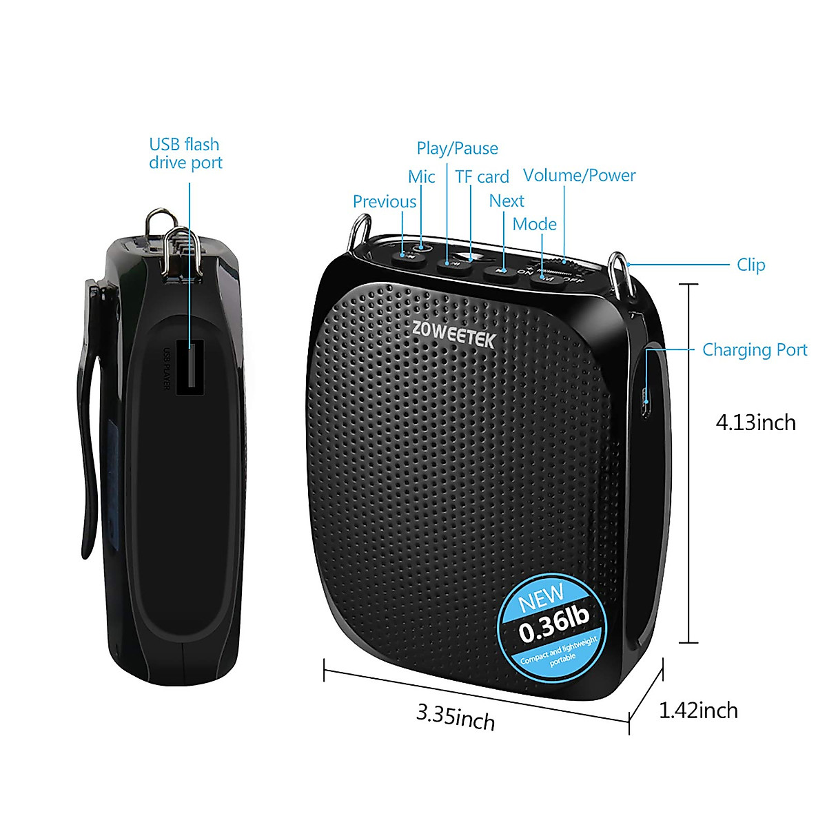 ZOWEETEK ZW-Z258 Portable Rechargeable Mini Voice Amplifier for Teachers with Wired Microphone Headset and Waistband,Supports MP3 Format Audio for Singing,Training,Speech,Tour Guide,Power Amplifiers