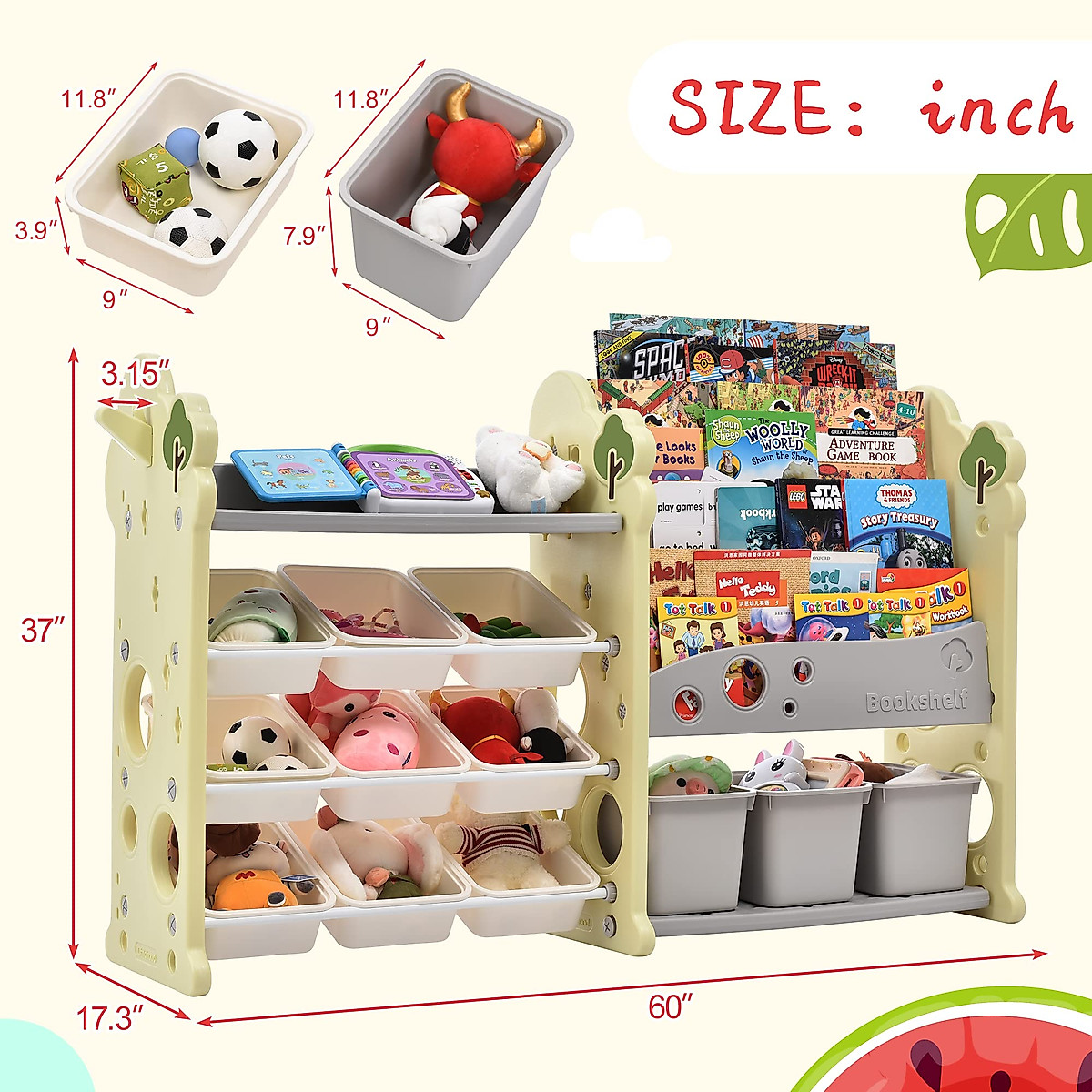 Harper & Bright Designs Kids Bookshelf Toy Storage Organizer with 17 Bins and 4 Bookshelves, Multi-Functional Nursery Organizer Kids Furniture Set Toy Storage Cabinet Unit with HDPE Shelf and Bins