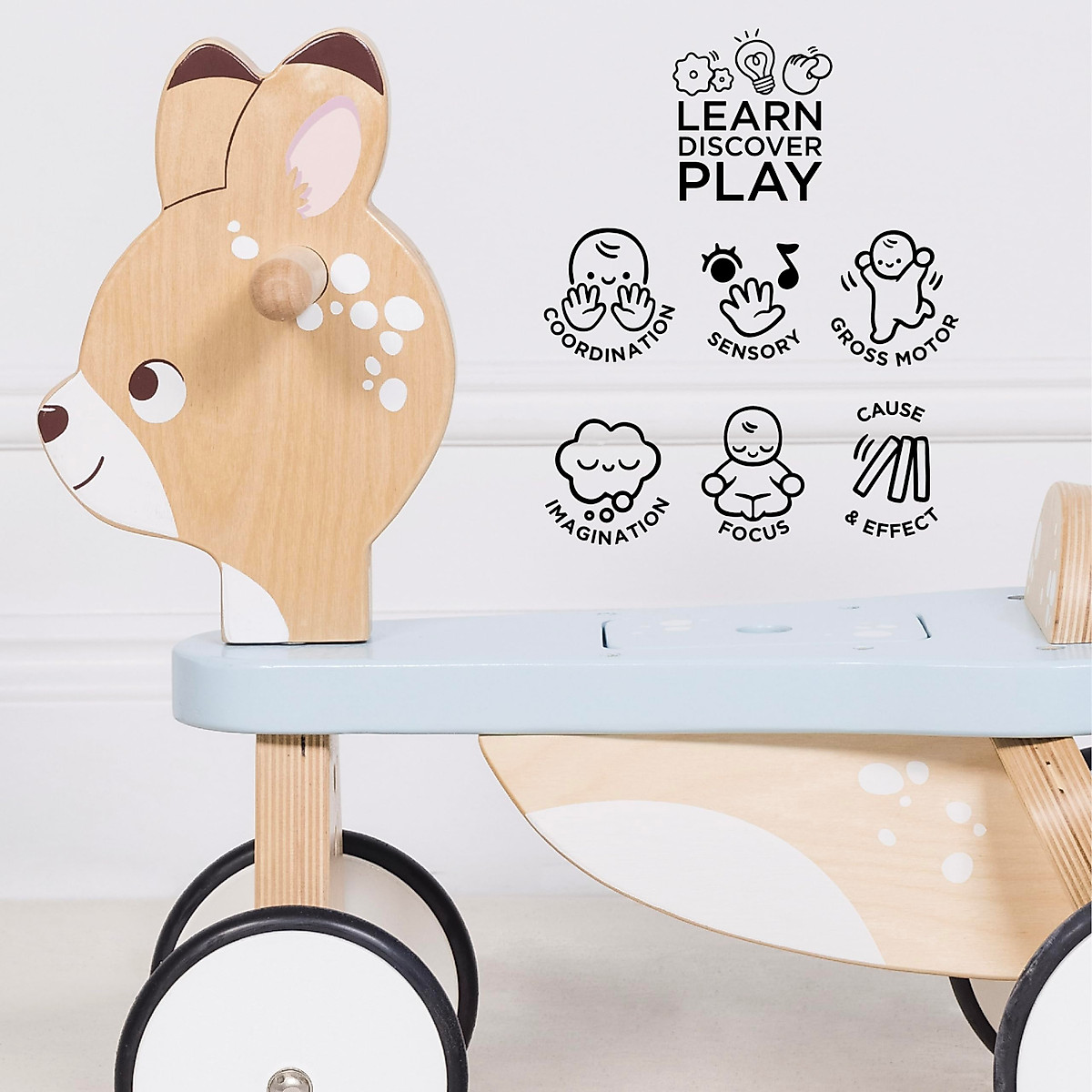 Le Toy Van - Petilou Wooden Ride On Deer Push Along Toy for Toddlers | Suitable for Boy Or Girl 1 Year Old +, Small