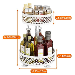 LBW Lazy Susan Organizer, 2 Tier Spice Turntable Organizer for Cabinet with Metal Sell, 10.2''Lx13.9''H Adjustable Spice Rack for Kichen Bathroom Table, White
