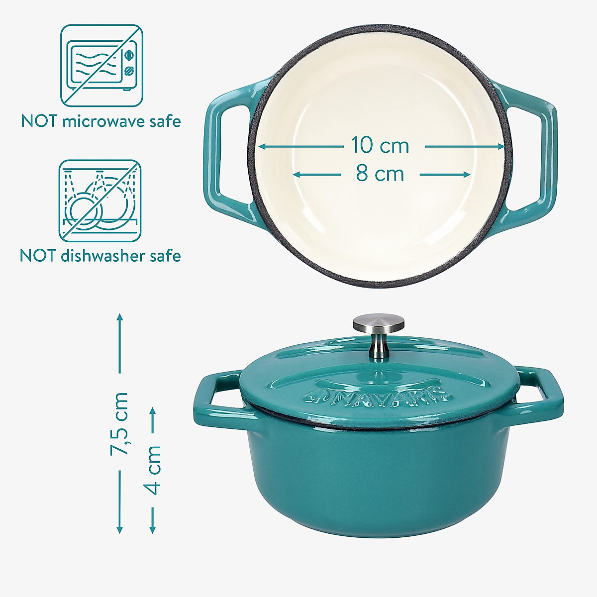 Navaris Cast Iron Round Cocottes (Set of 4) - 4.1" Mini Cocotte Dutch Oven Dishes with Enamel Coat, 9.8 oz - Teal/Violet/Green/Grey