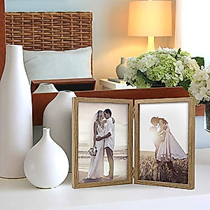 AEVETE 5x7 Double Picture Frames Vertical Hinged Wood Folding Photo Frames with Real Glass Front