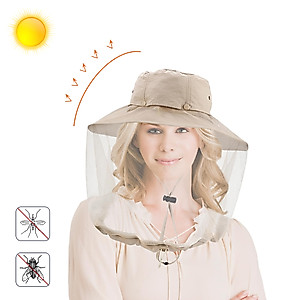 Mosquito Head Net Hat with Hidden Net Mesh for Outdoor Lover Hiking Fishing Beekeeping Gardening Men or Women (Khaki)
