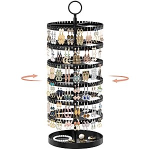 iDavosic.ly 6 Tier Rotating Earring Holder Organizer with Metal Tray, Adjustable Plastic Earring Display Stands Tree with 342 Grooves, Large Earring Storage Rack Tower for Hoop Dangle, Black