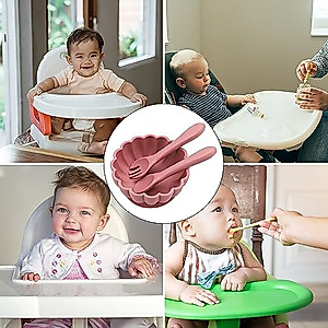 KOOTAU Silicone Baby Bowl with Suction and Spoon, Pink Toddler Self Feeding Bowl Set with Spoons and Fork for Baby