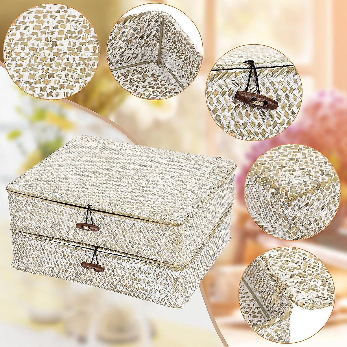 BTSKY 2 Pack Wicker Baskets With Lids Flat Woven Storage Bins for Shelf Organizing Natural Seagrass Storage Baskets with Lids Home Utility Organizer Box for Home & Office Supplies, Whitewash (Large)