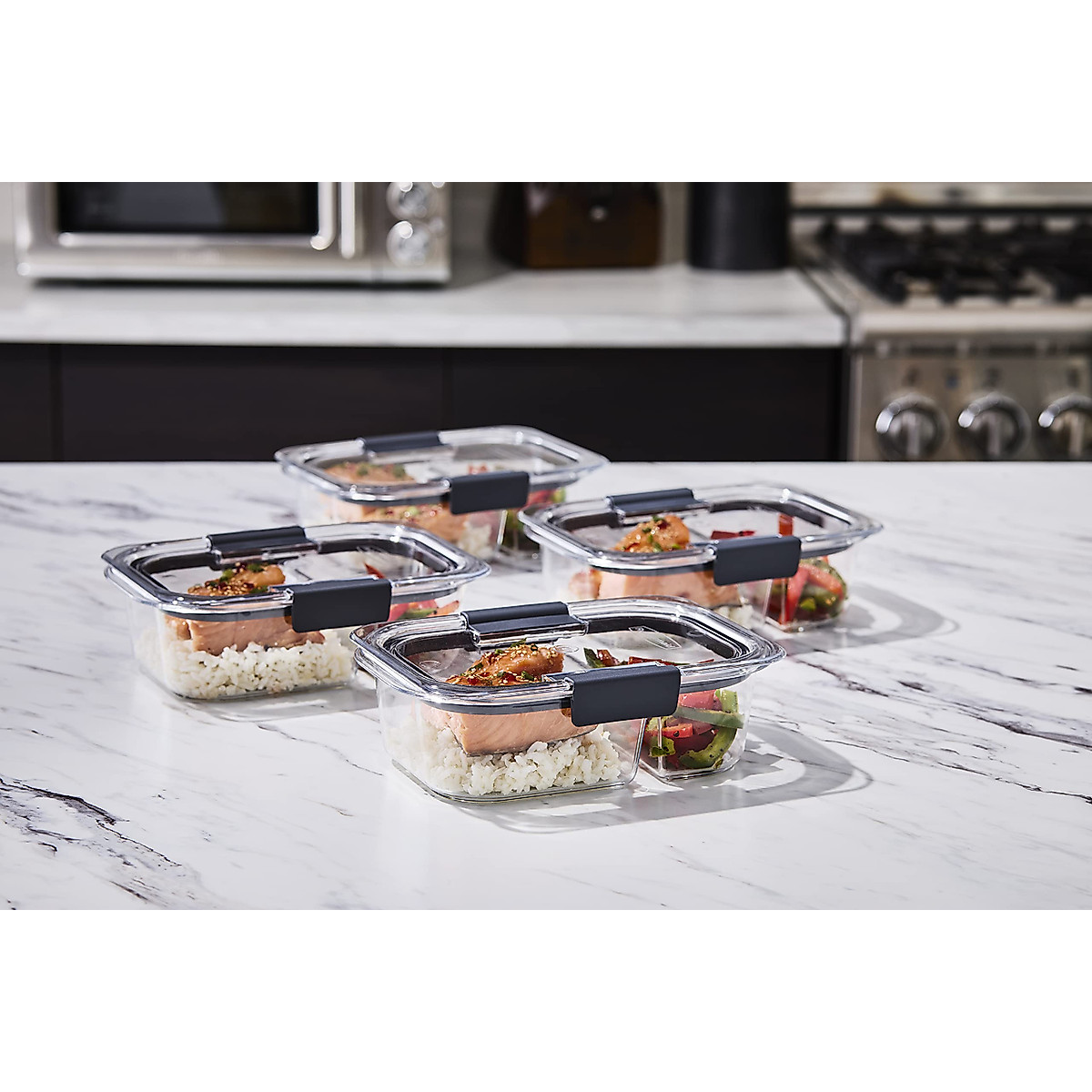 Rubbermaid 5-Piece Brilliance Food Storage Containers for Meal Prep with 2 Compartments and Lids, Dishwasher Safe, 2.85-Cup(675ml), Clear/Grey, 5 count (Pack of 1)