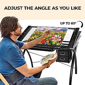 ComfyCorner Drafting Table for Artists, Adjustable Drawing Desk with Tempered Glass Tabletop, Tilting Draft Workstation Table with w/2 Drawers and Tray, Black