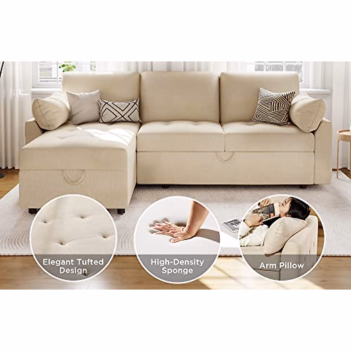 PaPaJet Pull Out Sofa Bed, Modern Tufted Convertible Sleeper Sofa, L Shaped Couch with Storage Chaise, Chenille Sectional Bed for Living Room (Beige)