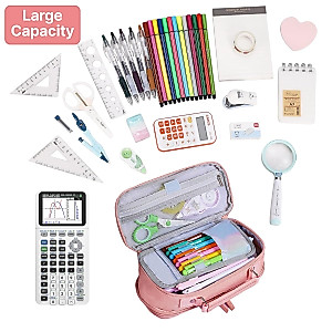 LEENYE Large Capacity Pencil Case Pen Pouch Organizer Canvas Pencil Bag Portable Stationery Bag with Handle, Multi-Compartments School Supplies (Dark Blue)