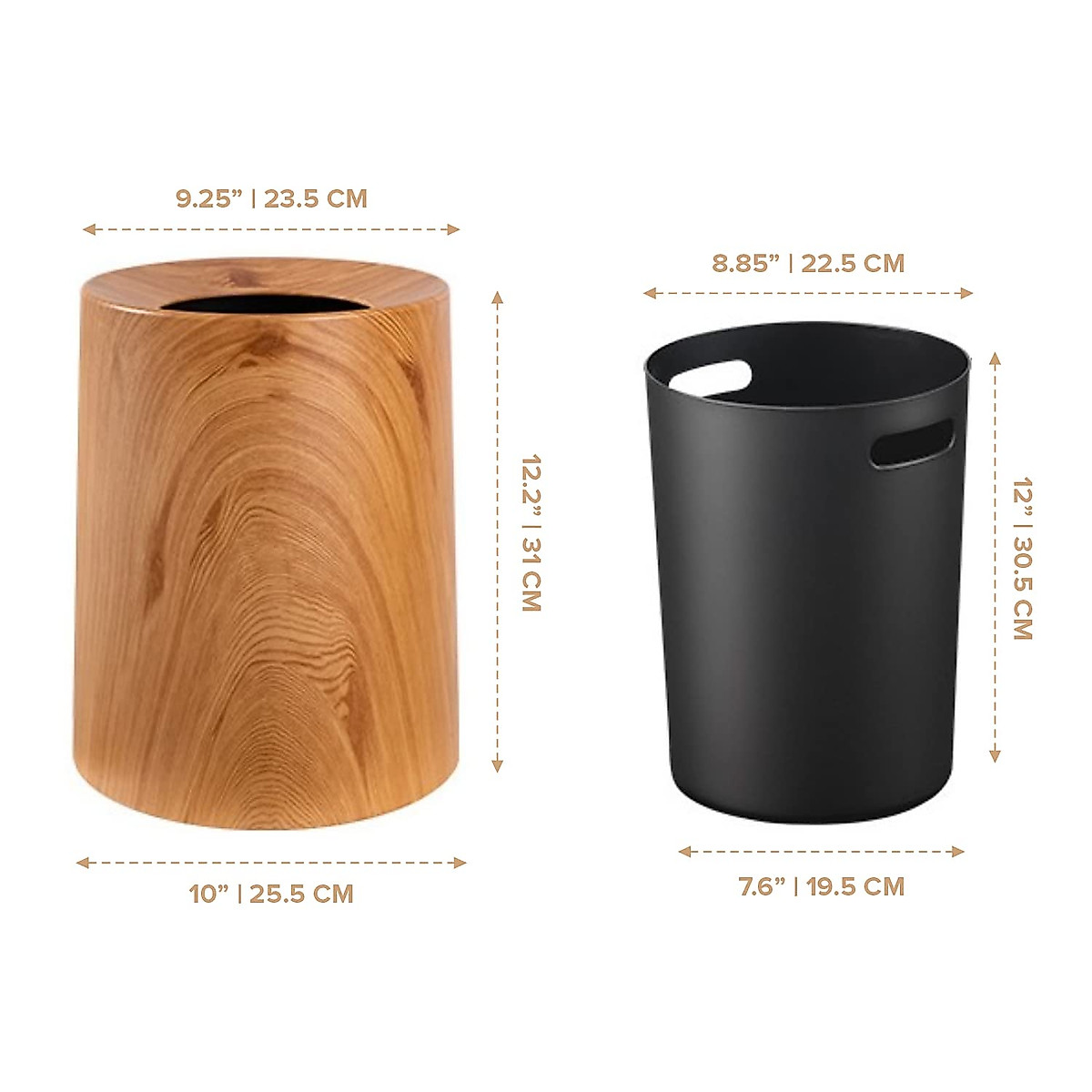 Anti Spill Wood Style Waste Basket - Kids and Pet Proof Garbage Container - Open Top Indoor Outdoor Trash Can - 12L/3.2Gal Capacity - Patio Garbage Can - Round Sleek Garbage Bin - 10inx10inx12in