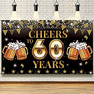 Cheers to 60 Years Backdrop Banner, Happy 60th Birthday Decorations for Men Women, 60th Anniversary Decorations, 60th Reunion, Black Gold 60 Years Celebration Party Decor, Vicycaty (6.1ft x 3.6ft)
