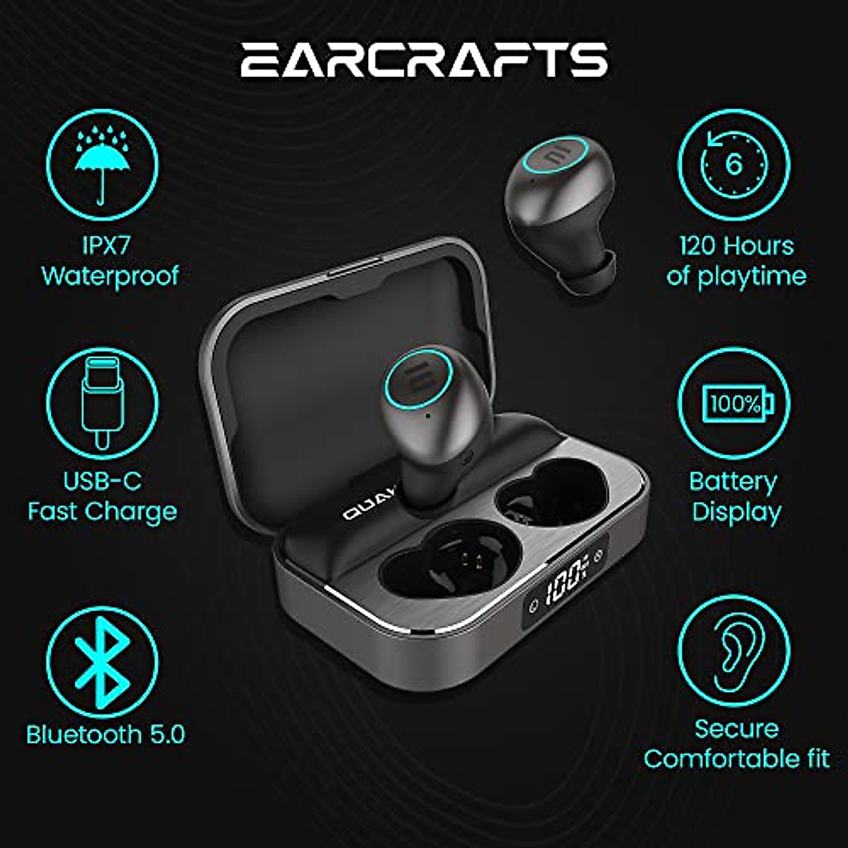 Earcrafts Wireless Earbuds - 120 Hours Playtime in Ear Bluetooth Headphones with Microphone, TWS, Smart Touch Control IPX7 Waterproof, Great Sound, Ideal for Sport