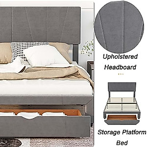 Queen Size Platform Bed Frame with Drawer & Adjustable Headboard, Platform Bed with Sturdy Wooden Slats Support, No Box Spring Needed, for Family Bedroom Small Living Space Boys Girls(Queen, Gray)