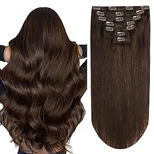 Clip in Hair Extensions Real Human Hair 14inch Remy Hair Extensions Clip ins 105g Dark Brown Double Weft Natural Straight Natural Human Hair Clip in Extensions for Women (14 inch,7pcs, 105g)