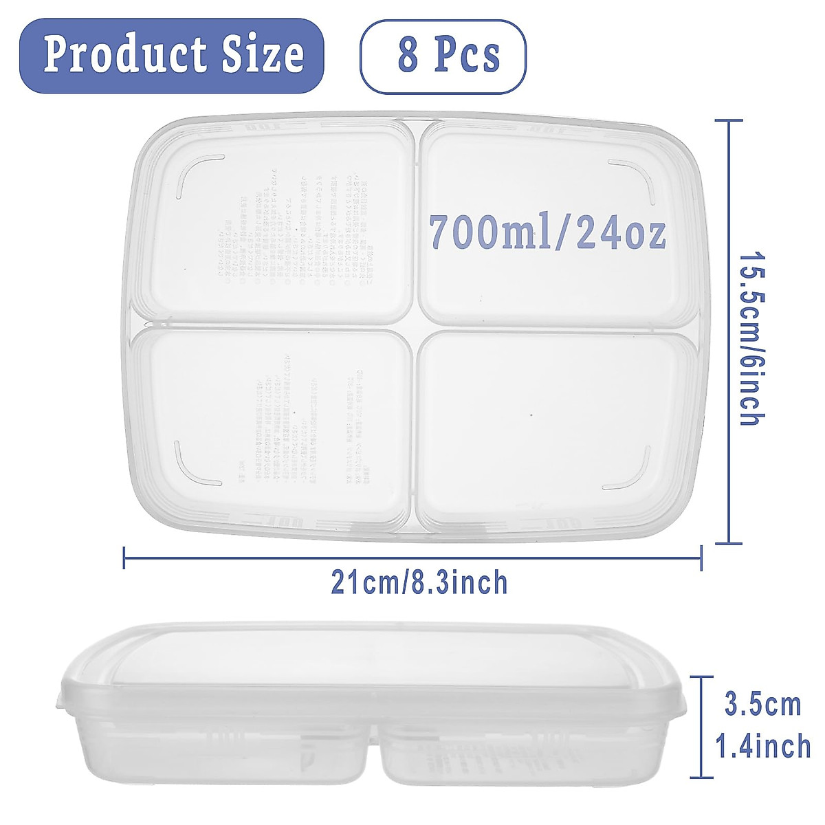 MUXHEL 8 Pcs 4 Compartment Food Storage Containers with Lids, BPA-Free Divided Serving Tray Container Reusable, Plastic Freezer Storage Containers for Storing Fruits, Vegetables, Meat