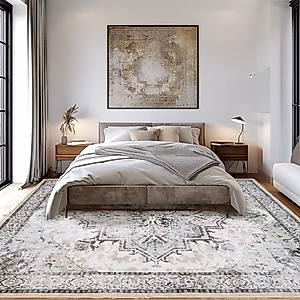 Area Rugs for Living Room 8x10 0.24inch Low Pile Faux Wool Bedroom Rug TPR Anti-Slip Backing Carpet Vintage Soft Rugs for Dining Room décor Machine Washable (Beige, 8 * 10)