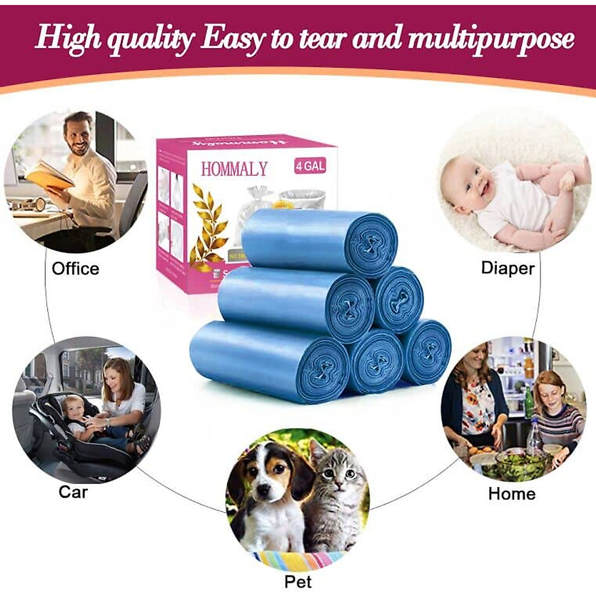 HOMMALY 4 Gallon Small Blue Trash Bags Strong Clear Garbage Bags, Bathroom Trash Can Bin Liners, Plastic Bags for Office, Waste Basket Liner（Blue）