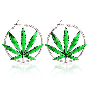 Hoop Earrings for Women Saint St Patricks Day Green Cannibis Weed/Pot Marijuana Leaf Earrings Fashion Jewelry (Silver)