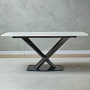 Marble Top Dining Table for 4-6, 63" Metal Frame Furniture Kitchen Table with Sintered Stone Tabletop and X-Base, Modern Mid-Century Dining Table(1 Pc Table(Black))