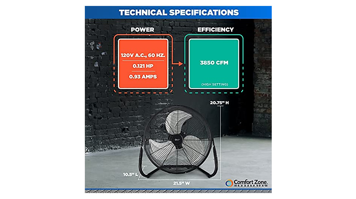 Comfort Zone 18” 3-Speed High-Velocity Fan - Cool & Portable