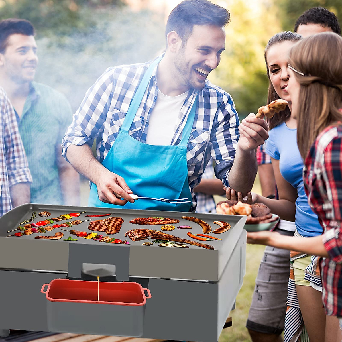 CANIPHA 2Pcs Silicone Grease Cup Liners for Blackstone 17/22/28/30/36 Inch Griddle, Foldable Catcher Tray Liner, Reusable Drip Pan for Black Stone Trays Gate, Griddle Accessories(Blue, Red)