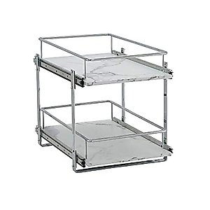 Household Essentials Faux Marble C53345-1 Glidez 2-Tier Kitchen Cabinet Organizer | Pull Out Shelves for Storage | 22 in D x 14.5 in W x 17 in H Wide