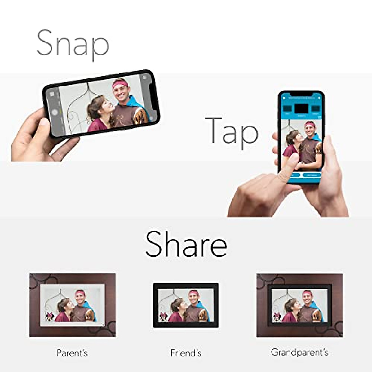 Disney Classic Mickey Mouse PhotoShare 10” Smart Digital Photo Frame, Send Pics from Phone to Frames, Wi-Fi, 8 GB, Holds 5,000+ Pics, HD Touchscreen, Premium Espresso Engraved Wood