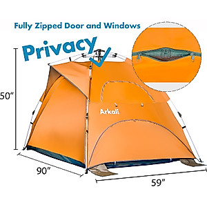 Arkali Beach Sun Shade Pop Up, Easy Pop Up Sun Shelter, Floor-Less Instant Beach Tent, UPF 50+, Orange, Size XL for Family 3 to 4 People