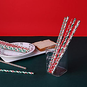ALINK 200 Christmas Paper Straws, 8 Styles Red Green White Gold Biodegradable Party Drinking Straws with Stripe, Wave, Christmas Tree Snowflake Design Decorations Supplies
