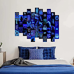 BATHTOI Blue Aesthetic Wall Decor, 50 Pcs Neon Photo Wall Collage Kit Aesthetic Pictures, Neon Posters Room Decor for Teen Girls, Aesthetic Wall Collage Kit, Poster Packs for Room Aesthetic