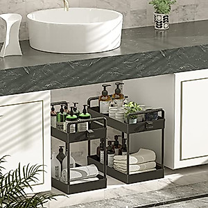 Mosxoed Slim Storage Cart Rolling Utility Cart with Wheels 4 Tier Mobile Bathroom Organizer Cart for Laundry Room Kitchen Office Narrow Space with Handle Hanging Cups Dividers, Black, 35" H