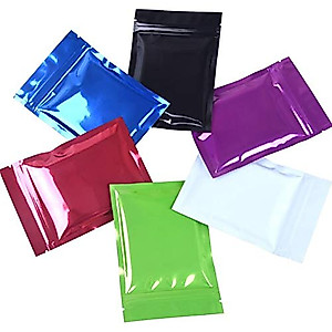 100PCS Reuseable Aluminum Foil Self Sealing Zip Mylar Packing Pouch Package Bags Heat Seal Food Storage Bag with Tear Notches Food Grade Pouches Bag for Candy Tea Sugar (Color Random) (7.5x10cm)