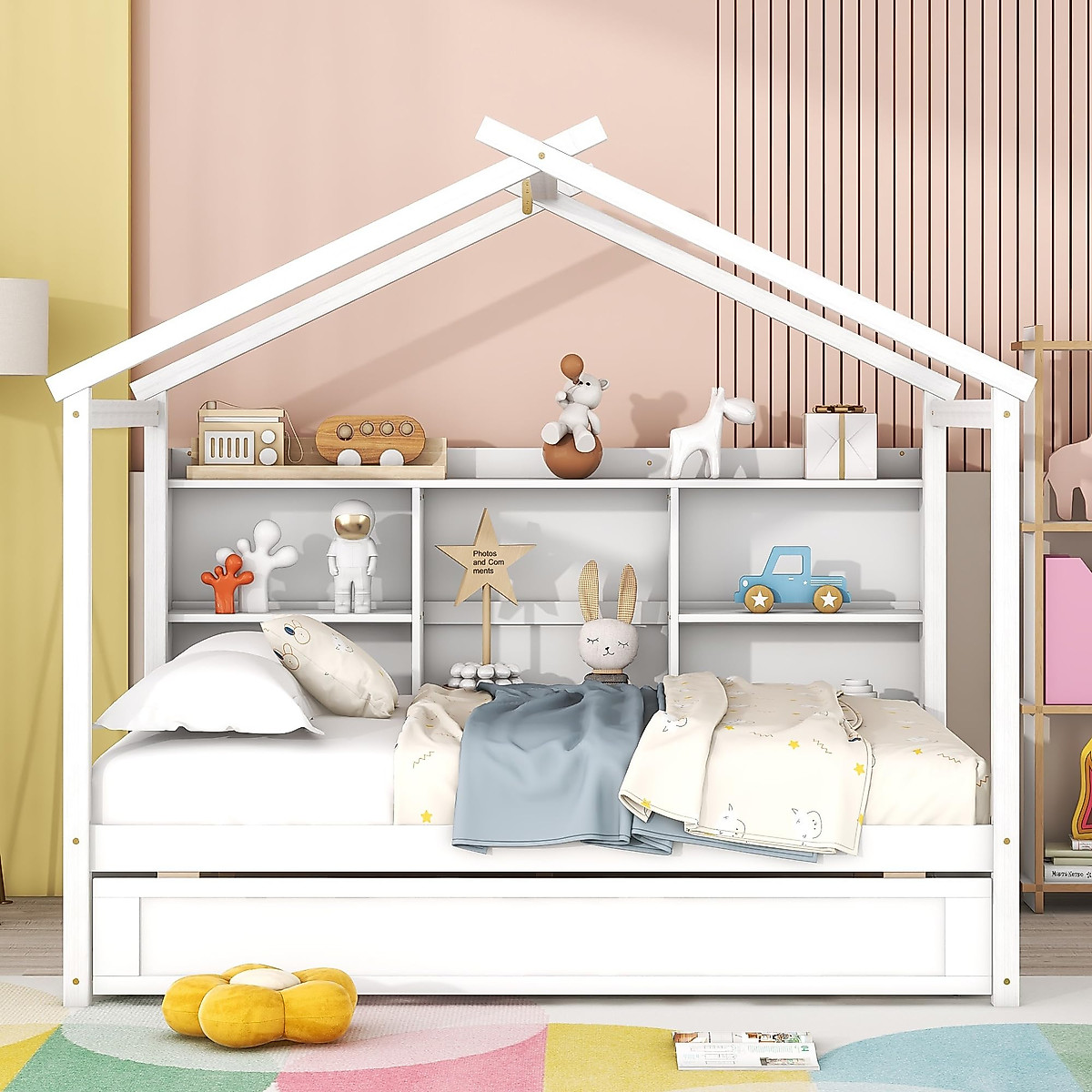 Harper & Bright Designs Full Size House Bed with Trundle, Wood Full House Bed with Storage Shelves, Full Montessori Bed for Kids with Roof for Girls, Boys,Brushed White