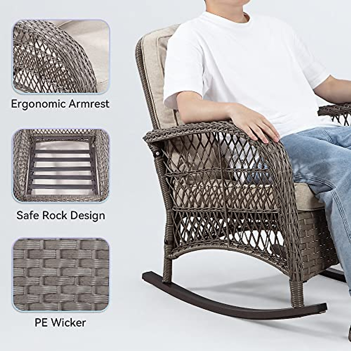 MeetLeisure Patio Wicker Rocking Chair - All-Weather Outdoor Rocker Chair with Safe Rocking Design and Premium Fabric Cushions, (Mixed Grey/Beige)