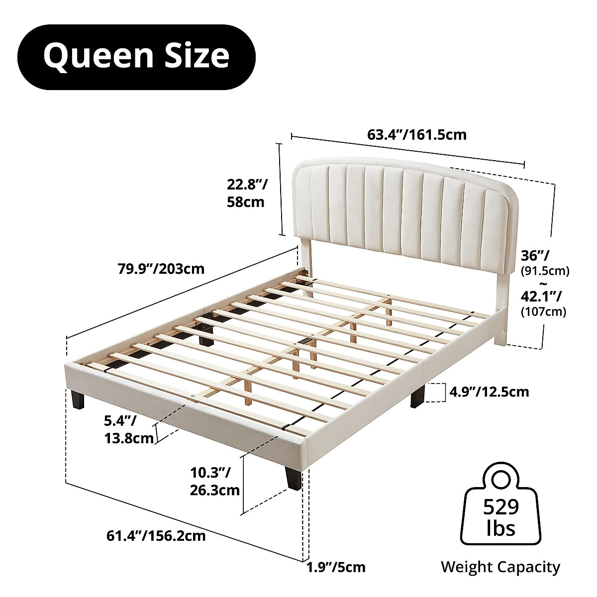 Cozy Castle Queen Size Bed Frame Upholstered Velvet Platform Bed with Adjustable Headboard, Wood Slat Support, No Box Spring Needed, Easy Assembly, White