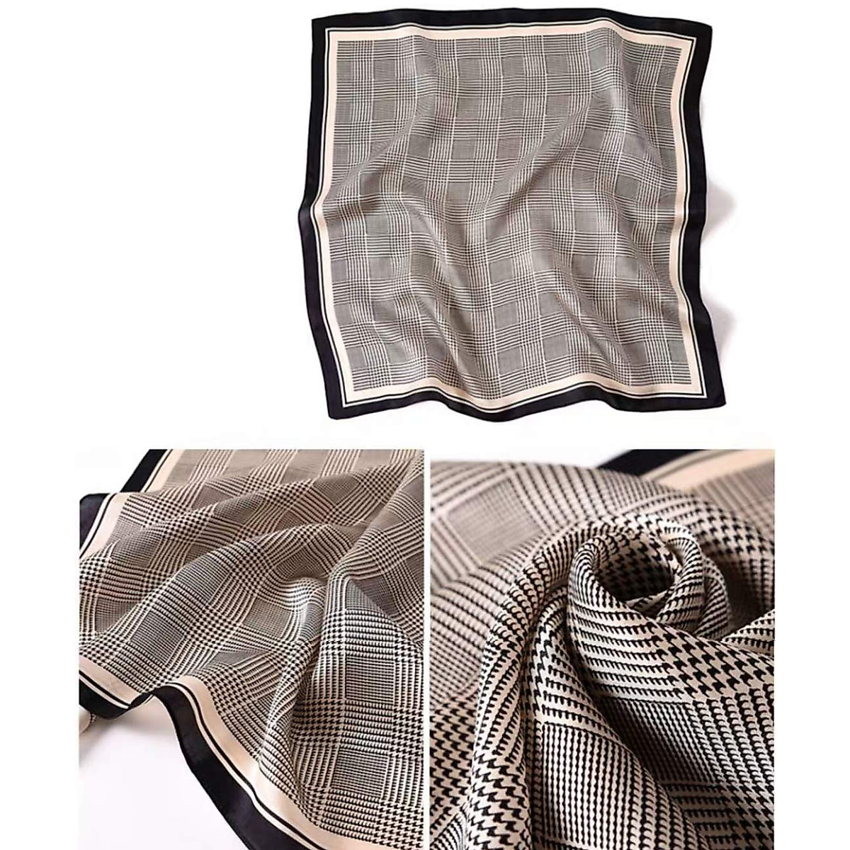 ANDANTINO 100% Real Mulberry Silk Scarf -21'' x 21''- Lightweight Neckerchief –Women Men Small Square Digital Printed Scarves (Earth Tone-Check)